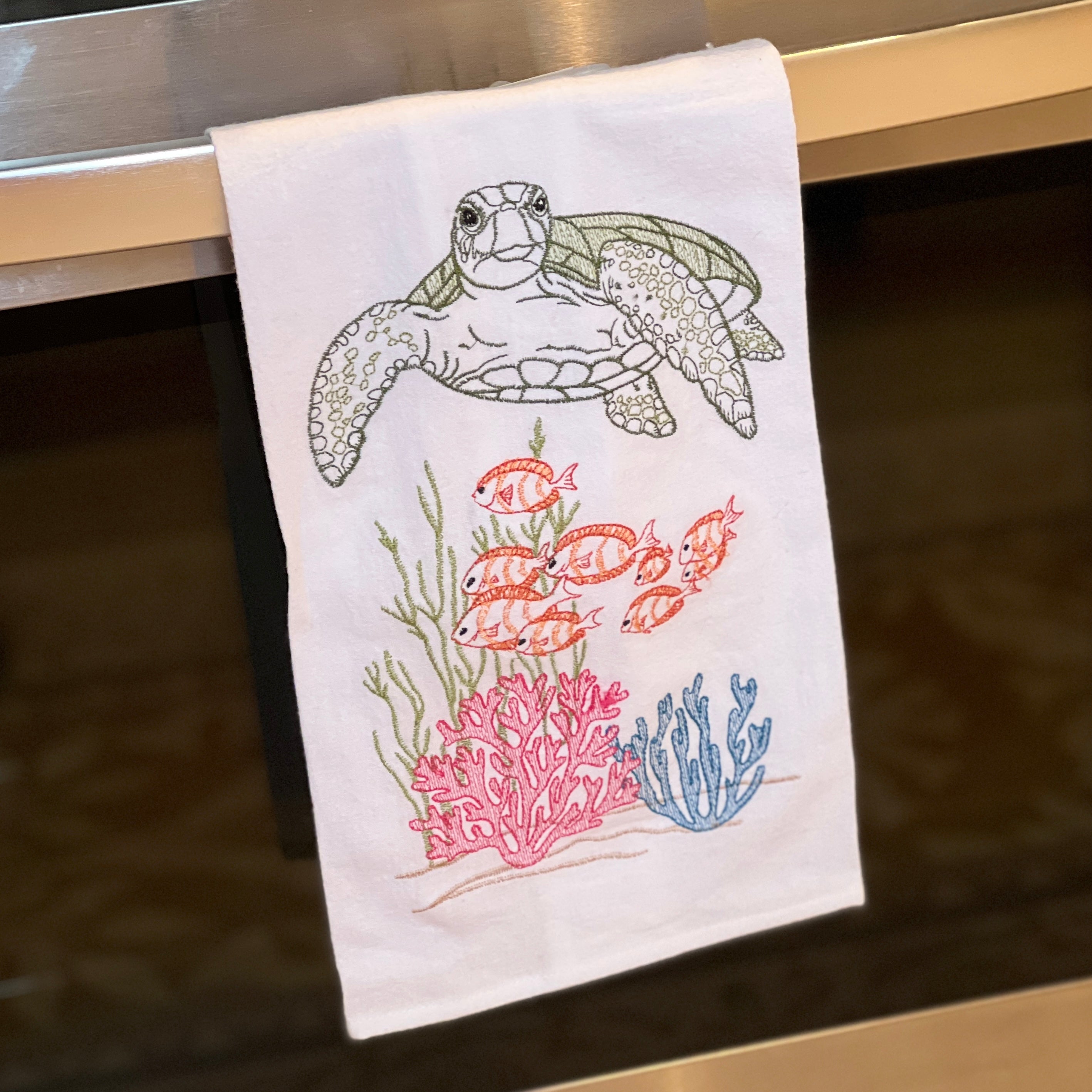 Sea Turtle & Fish Embroidered Flour Sack Tea Towel – Turtle Central ...